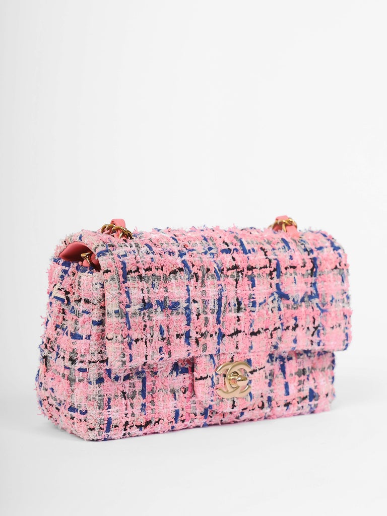 CHANEL MINI RECTANGLE FLAP BAG PINK and BLUE Tweed with Gold-Tone ...