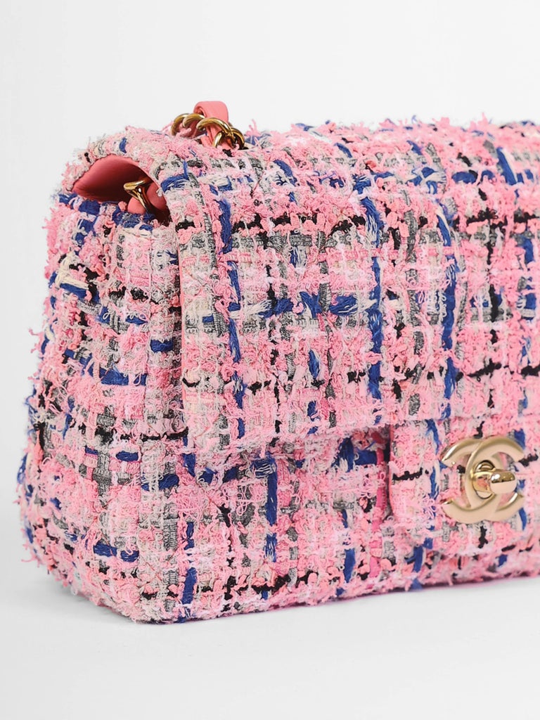 CHANEL MINI RECTANGLE FLAP BAG PINK and BLUE Tweed with Gold-Tone ...