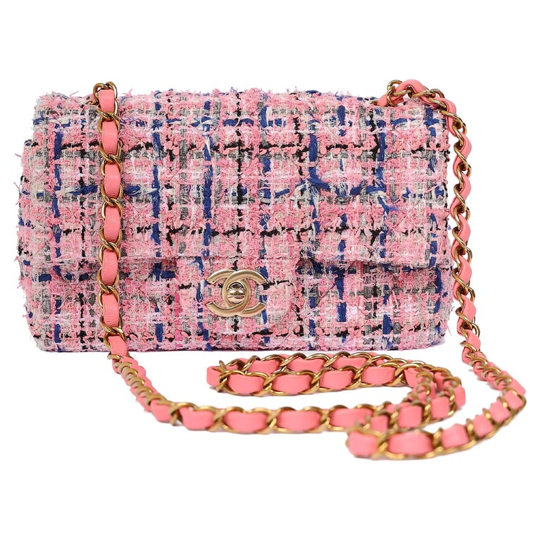 CHANEL MINI RECTANGLE FLAP BAG PINK and BLUE Tweed with Gold-Tone ...