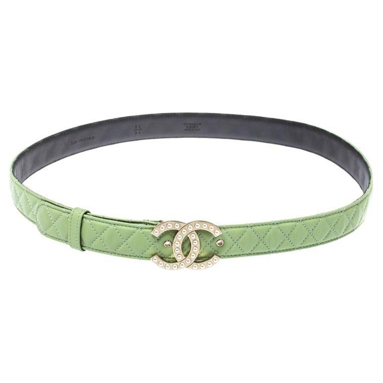 Chanel Mint Green Quilted Leather CC Pearl Belt 85CM at 1stDibs