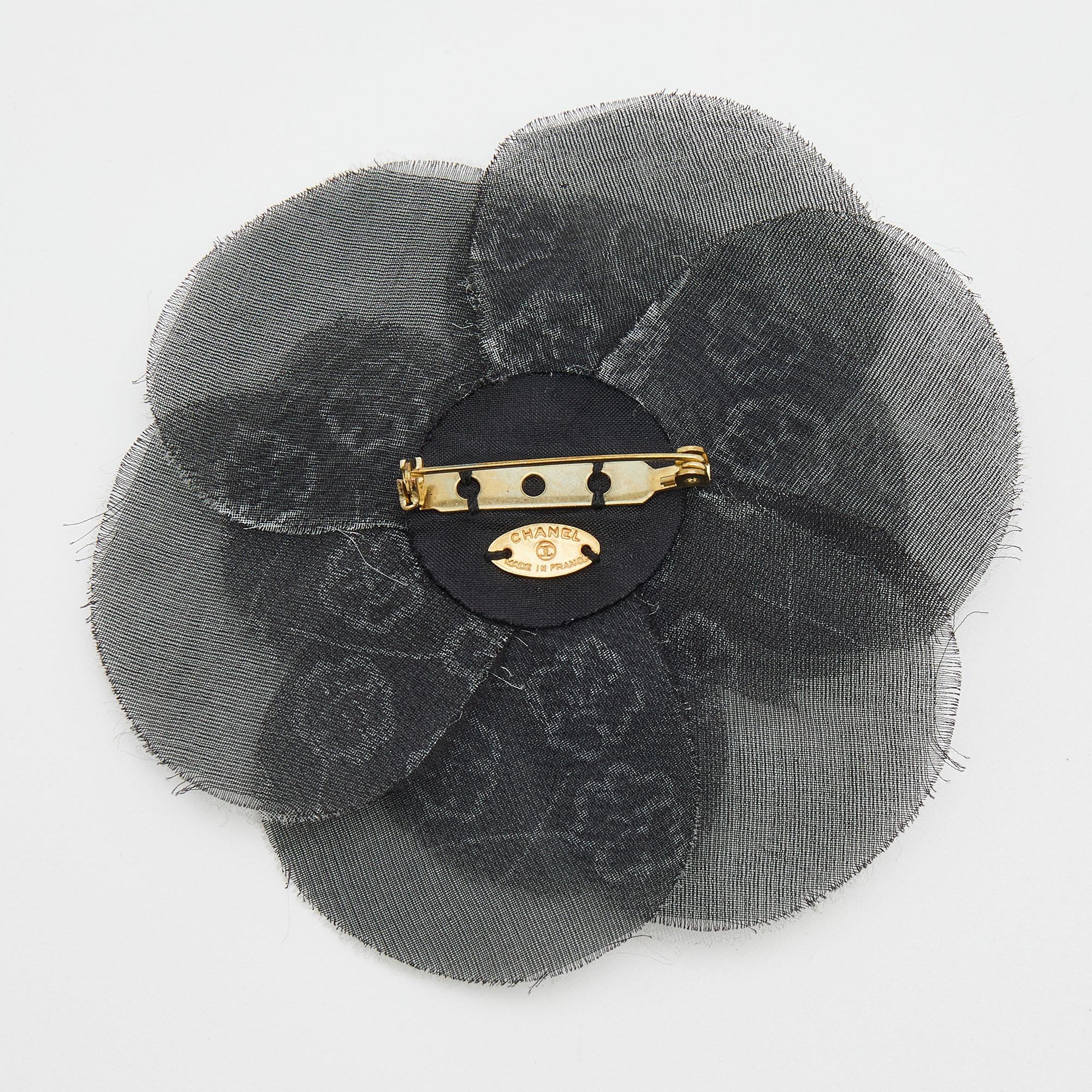 Chanel Monochrome Printed Silk Camellia Pin Brooch at 1stDibs