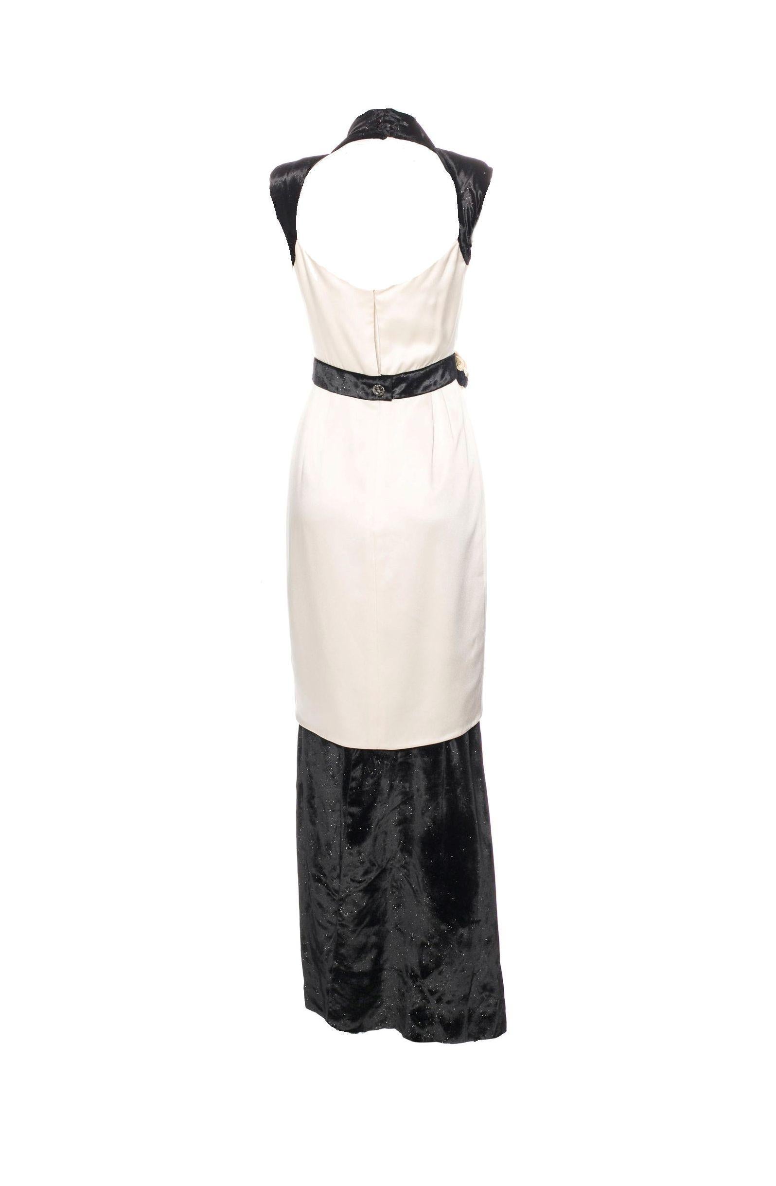Chanel Monochrome Silk Velvet Evening Dress Gown with Camellia Brooch ...
