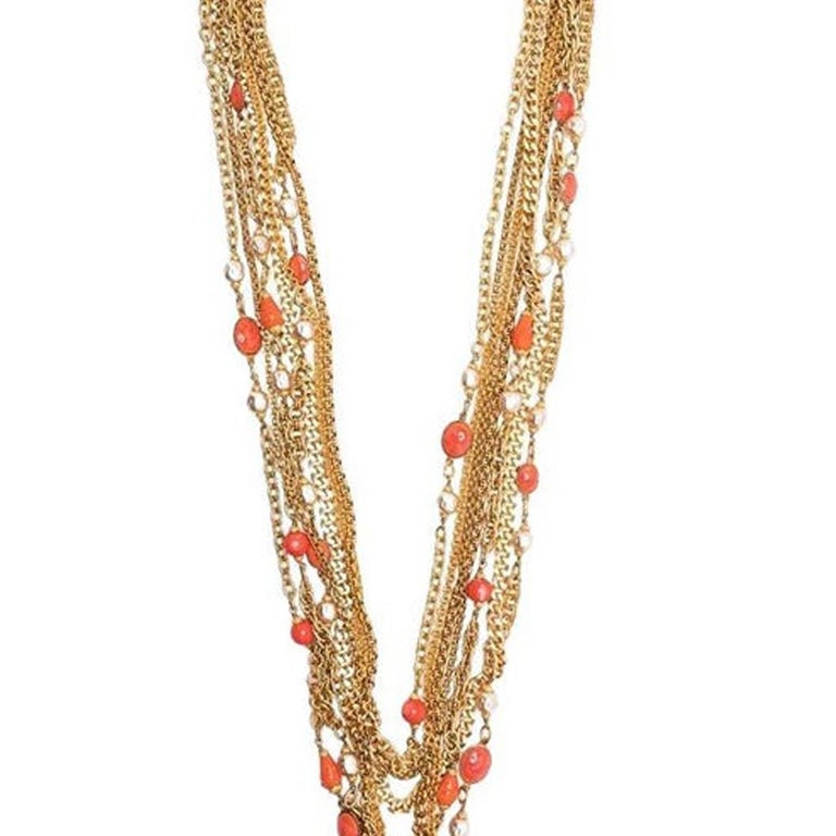 Chanel multi chain necklace with coral beads For Sale at 1stDibs