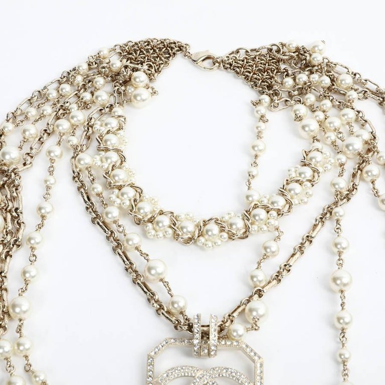 Chanel Multi Row Pearls and Chain Necklace With CC at 1stDibs