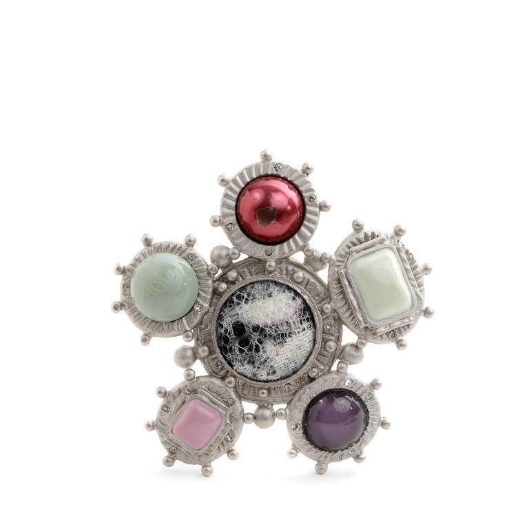 Chanel Multi Stone and Tweed Pin For Sale at 1stDibs