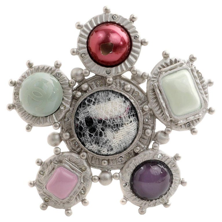 Chanel Multi Stone and Tweed Pin For Sale at 1stDibs