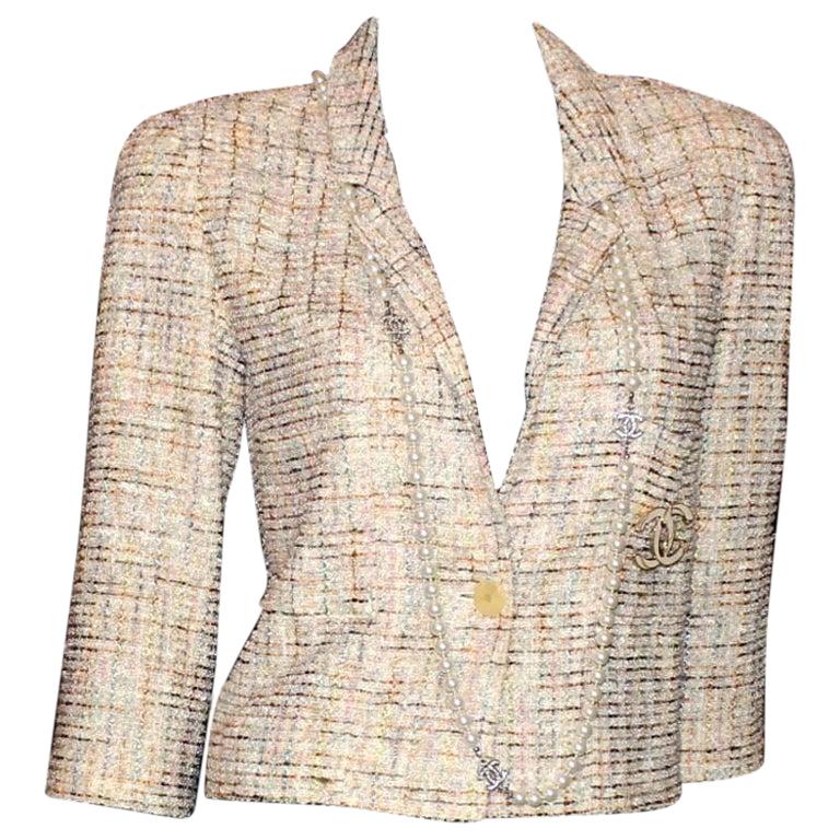 Chanel Multicolor Boucle Jacket Blazer with CC Logo Button at 1stDibs
