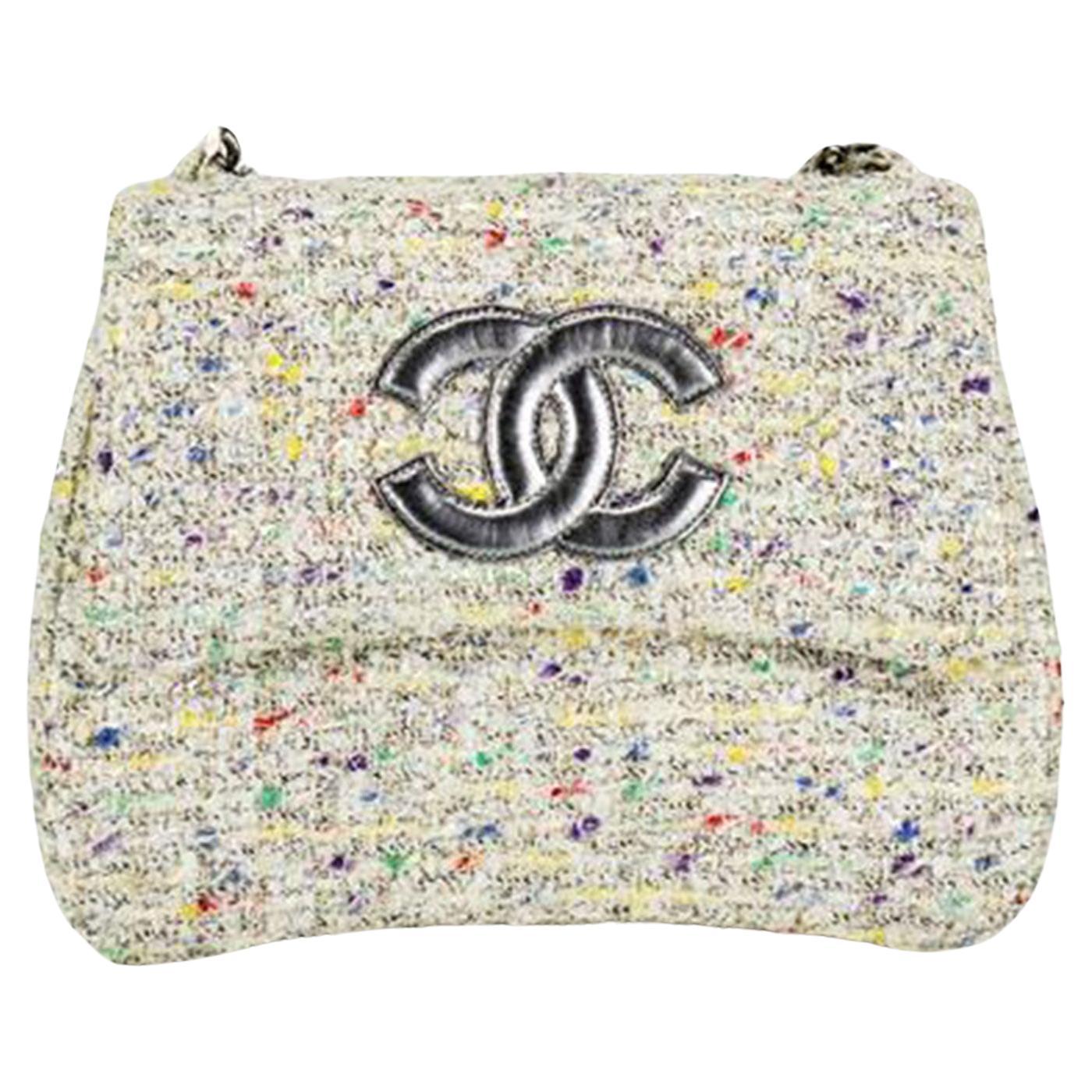 Chanel Multicolor Classic Flap Logo Nameplate Tweed Clutch For Sale at ...