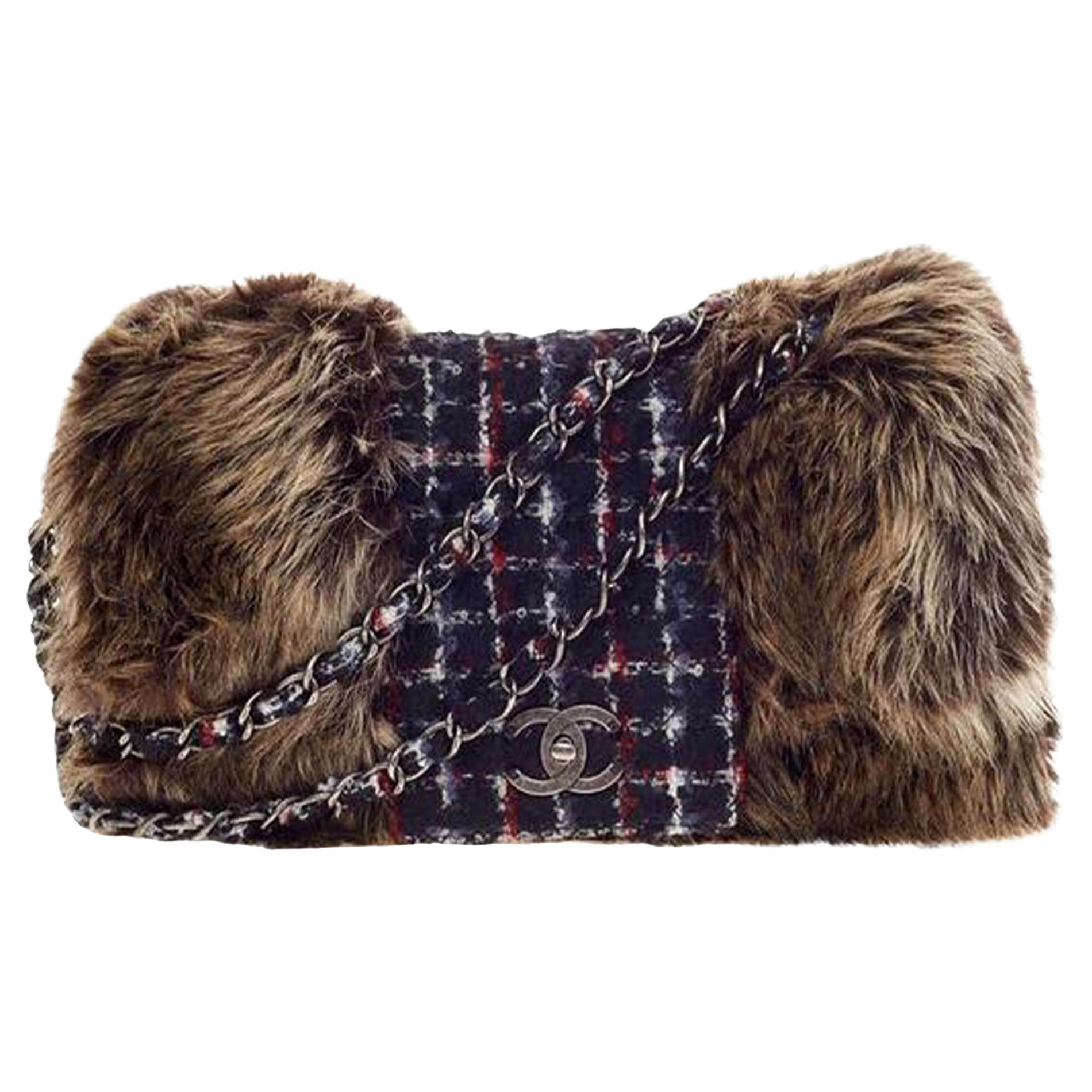 Chanel Multicolor Faux Fur Tweed XL Maxi Jumbo Classic Flap Shoulder ...