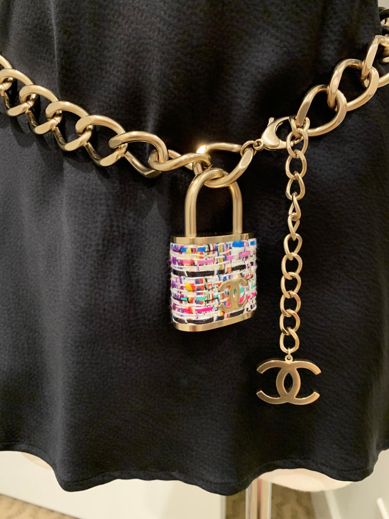 Chanel Multicolor Lock In Tweed Color Oversize Locket Gold Lock Belt at ...
