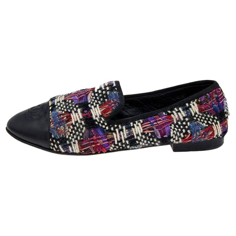 Chanel Multicolor Printed Tweed And Leather Loafers Size 40 For Sale at ...