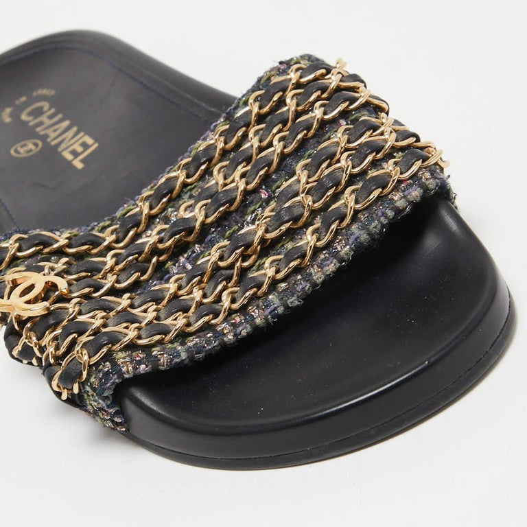 Chanel Multicolor Tweed and Leather Tropiconic Chain Slides Flats Size ...