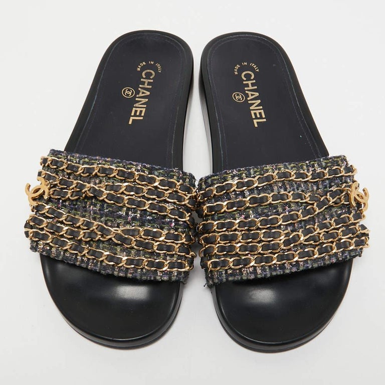 Chanel Multicolor Tweed and Leather Tropiconic Chain Slides Flats Size ...