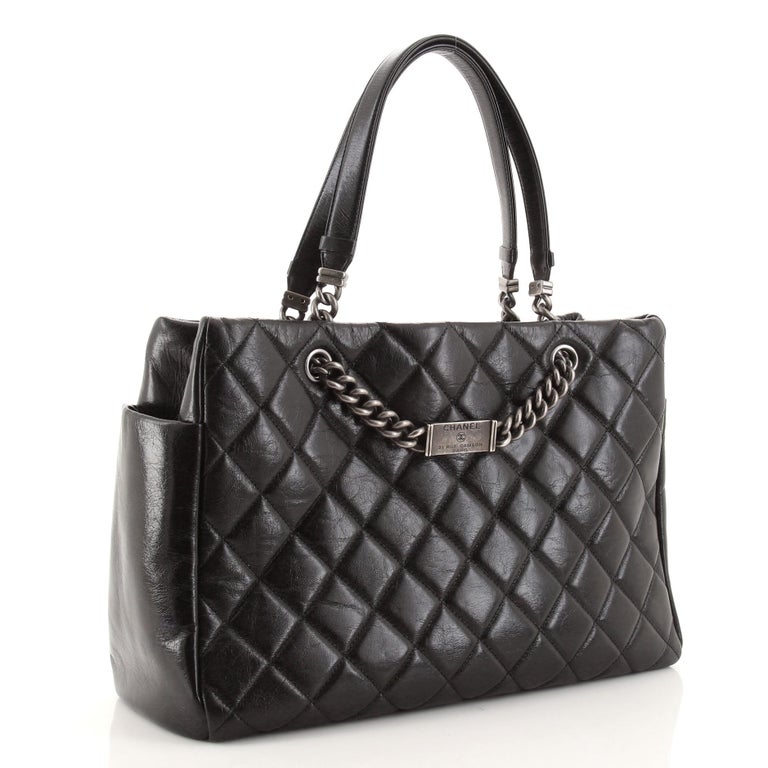 Chanel Name Plate Tote Quilted Glazed Calfskin Medium For Sale at 1stDibs