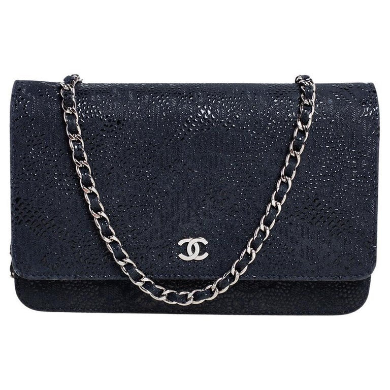 Chanel Navy Blue/Black Lace Overlay Suede Classic Wallet on Chain at ...