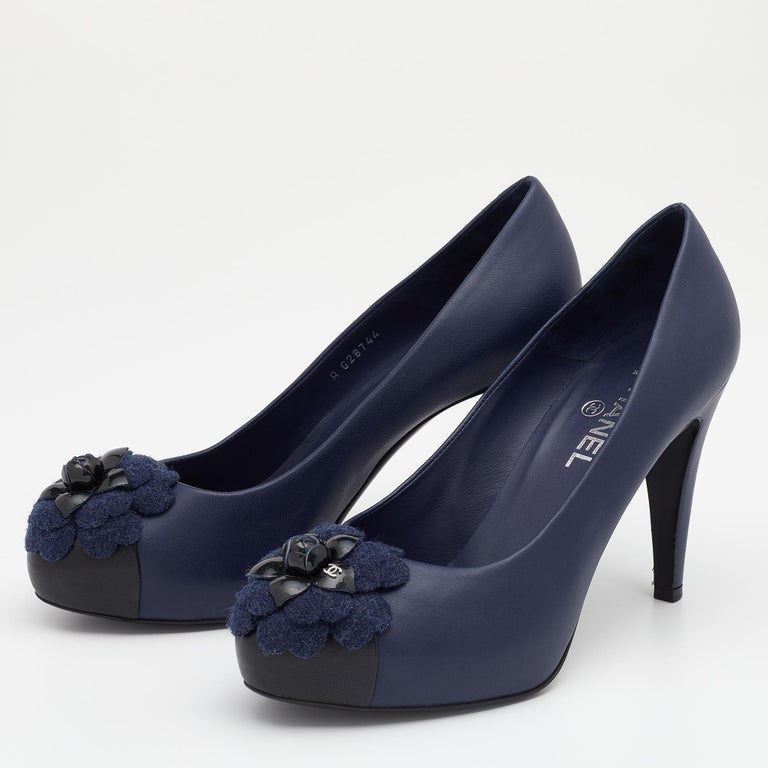 Chanel Navy Blue/Black Leather CC Camellia Cap Toe Pumps Size 40.5 For ...