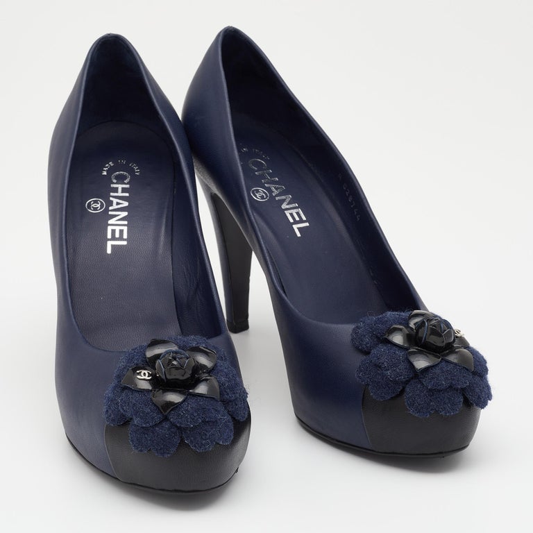 Chanel Navy Blue/Black Leather CC Camellia Cap Toe Pumps Size 40.5 For ...