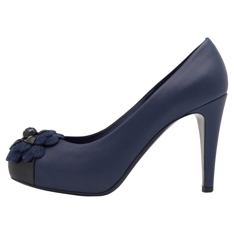 Chanel Navy Blue/Black Leather CC Camellia Cap Toe Pumps Size 40.5 For ...
