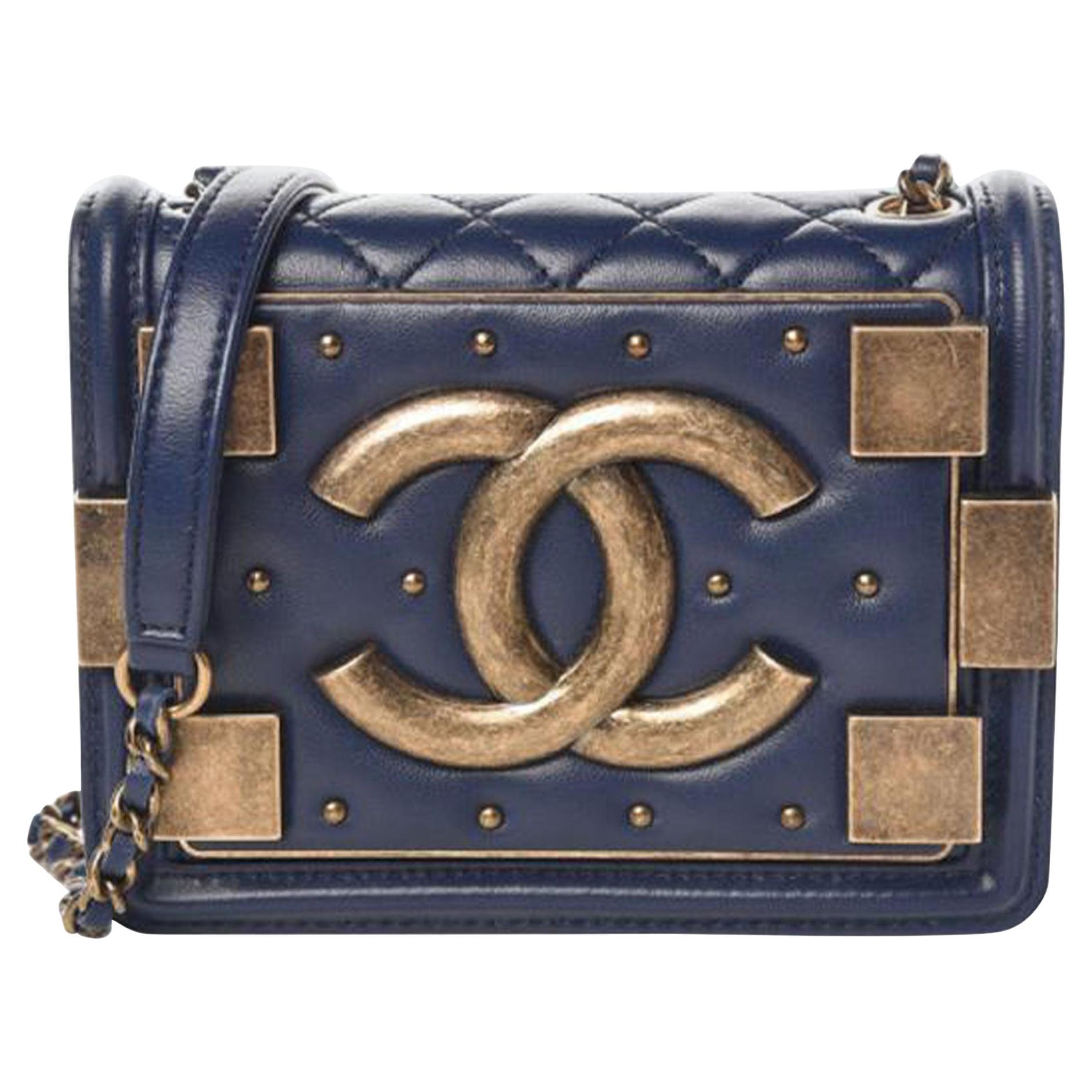 Chanel Navy Blue Boy Brick Mini Studded Classic Flap Logo CC Shoulder ...