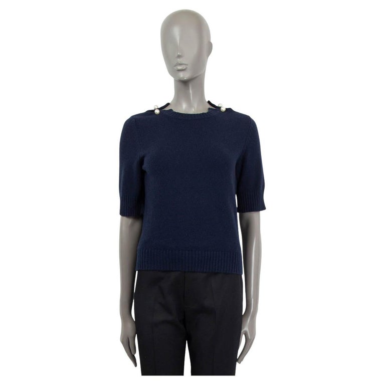 CHANEL navy blue cashmere 2017 17B PEARL BUTTON SHORT SLEEVE Sweater 36 ...