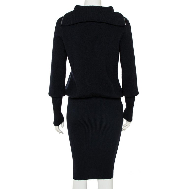 Chanel Navy Blue Cashmere Airplane Detail Fitted Dress S at 1stDibs