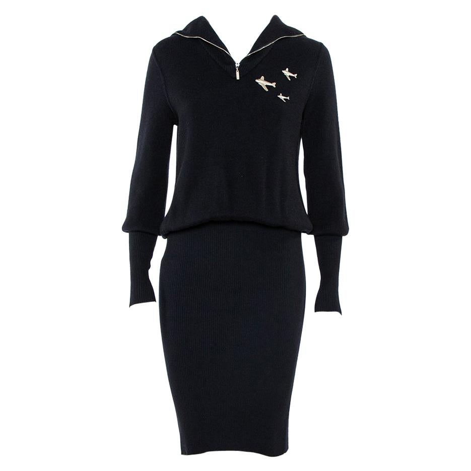 Chanel Navy Blue Cashmere Airplane Detail Fitted Dress S at 1stDibs