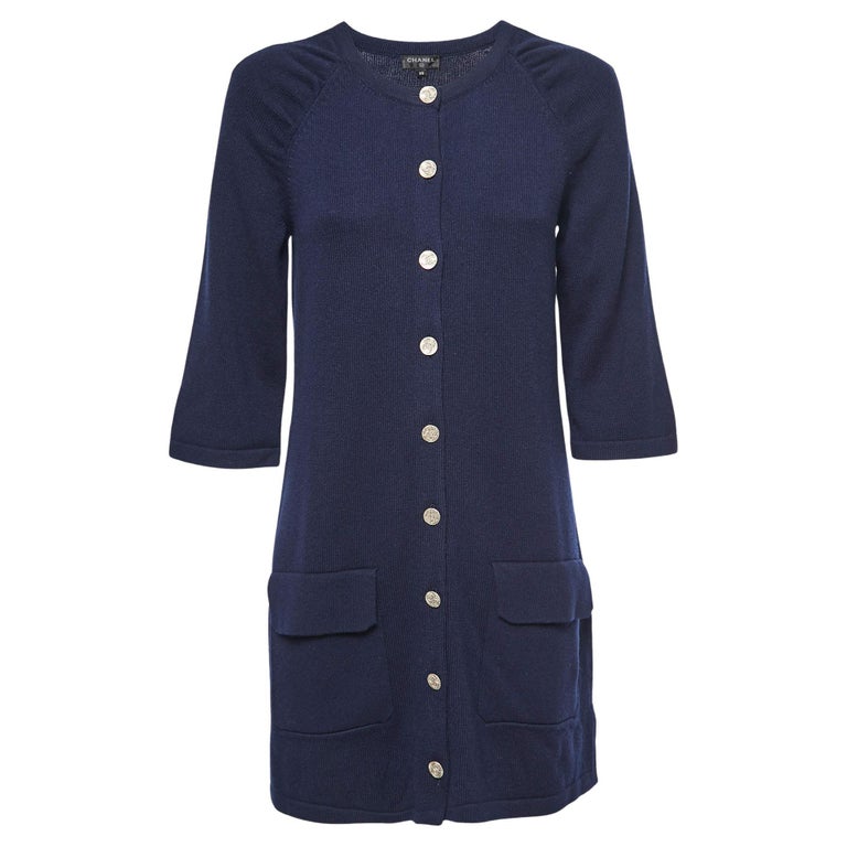 Chanel Navy Blue Cashmere Buttoned Knitted Dress M For Sale at 1stDibs