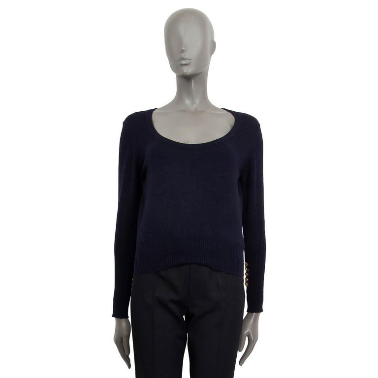 CHANEL navy blue cashmere ROUND NECK Sweater XS For Sale at 1stDibs