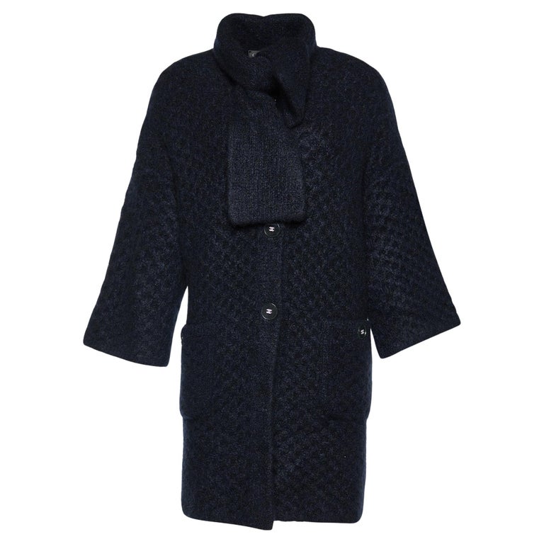 Chanel Navy Blue Cashmere and Silk Chunky Knit Scarf Detail Coat M For ...