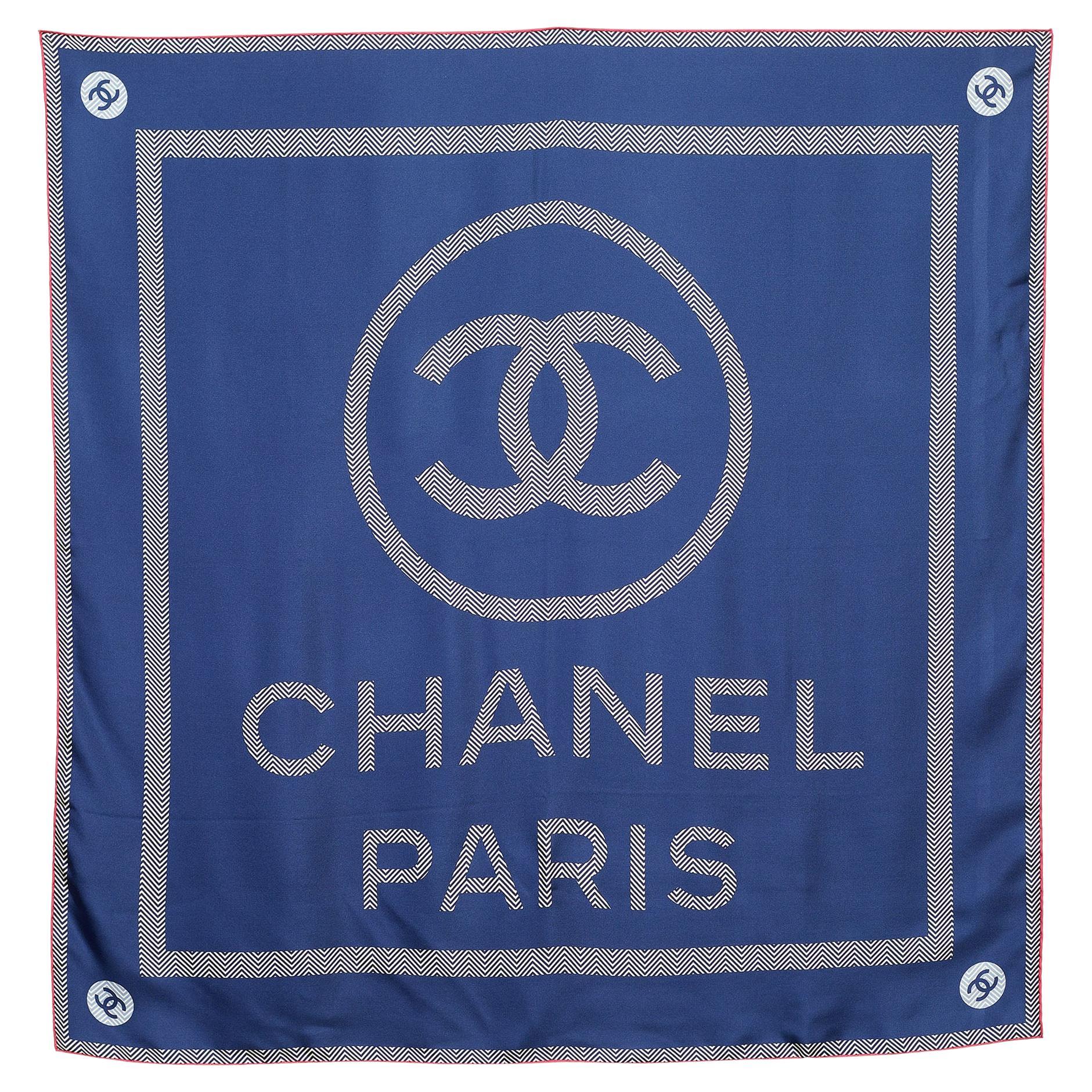 Chanel Navy Blue CC Logo Print Silk Scarf For Sale at 1stDibs