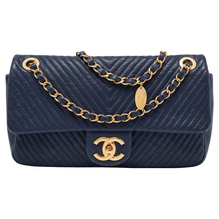 Chanel Navy Blue Chevron Leather Medallion Charm Flap Bag For Sale at ...