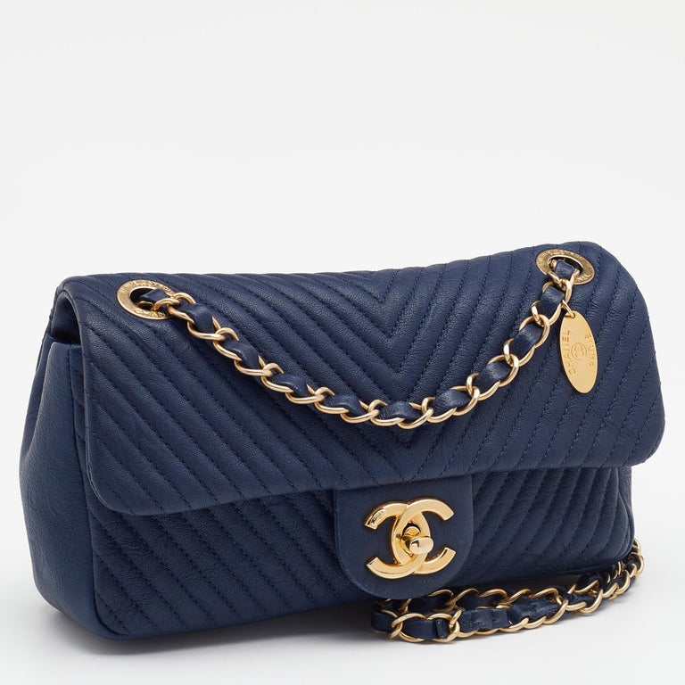 Chanel Navy Blue Chevron Leather Small Medallion Charm Flap Bag For ...