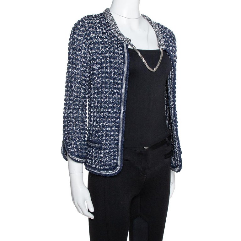 Chanel Navy Blue Crochet Knit Neck Chain Detail Jacket M at 1stDibs