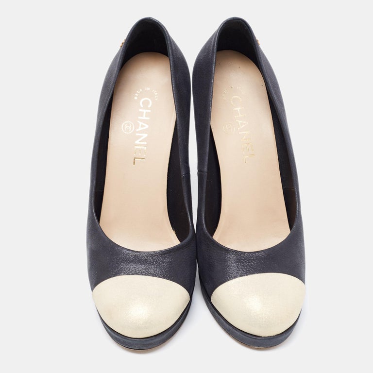 Chanel Navy Blue/Gold Shimmer Leather Cap Toe Platform Pumps Size 39 ...