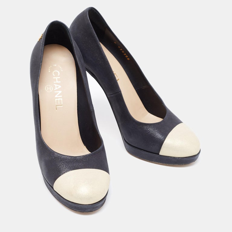 Chanel Navy Blue/Gold Shimmer Leather Cap Toe Platform Pumps Size 39 ...