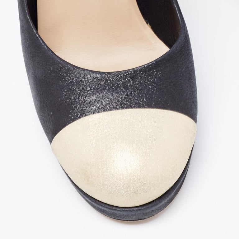 Chanel Navy Blue/Gold Shimmer Leather Cap Toe Platform Pumps Size 39 ...