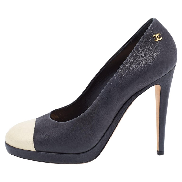 Chanel Navy Blue/Gold Shimmer Leather Cap Toe Platform Pumps Size 39 ...