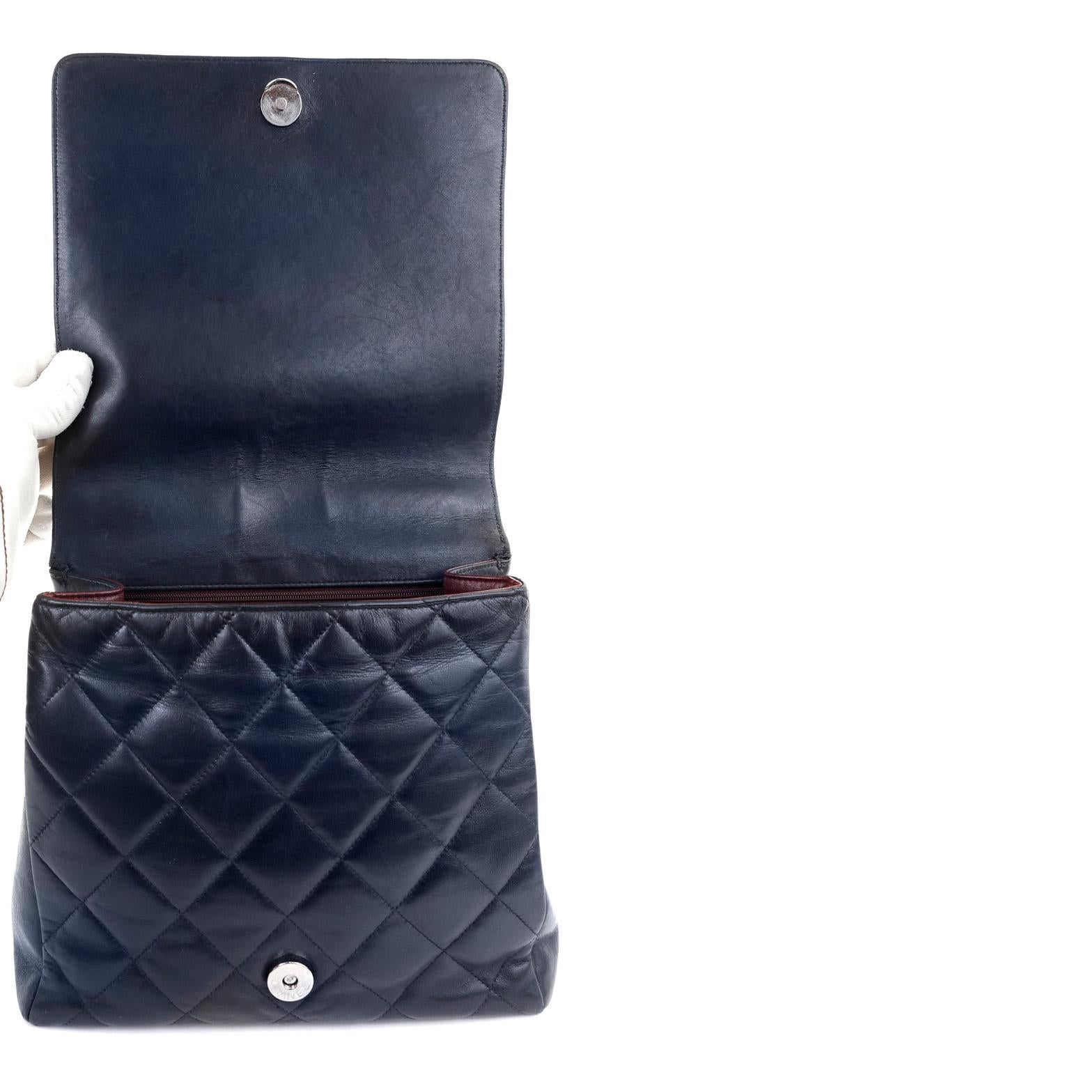Chanel Navy Blue Lambskin Top Handle Flap Bag For Sale at 1stDibs