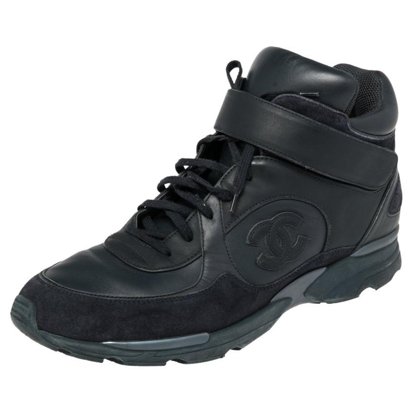 Chanel Navy Blue Leather And Suede CC High Top Sneakers Size 45 at ...