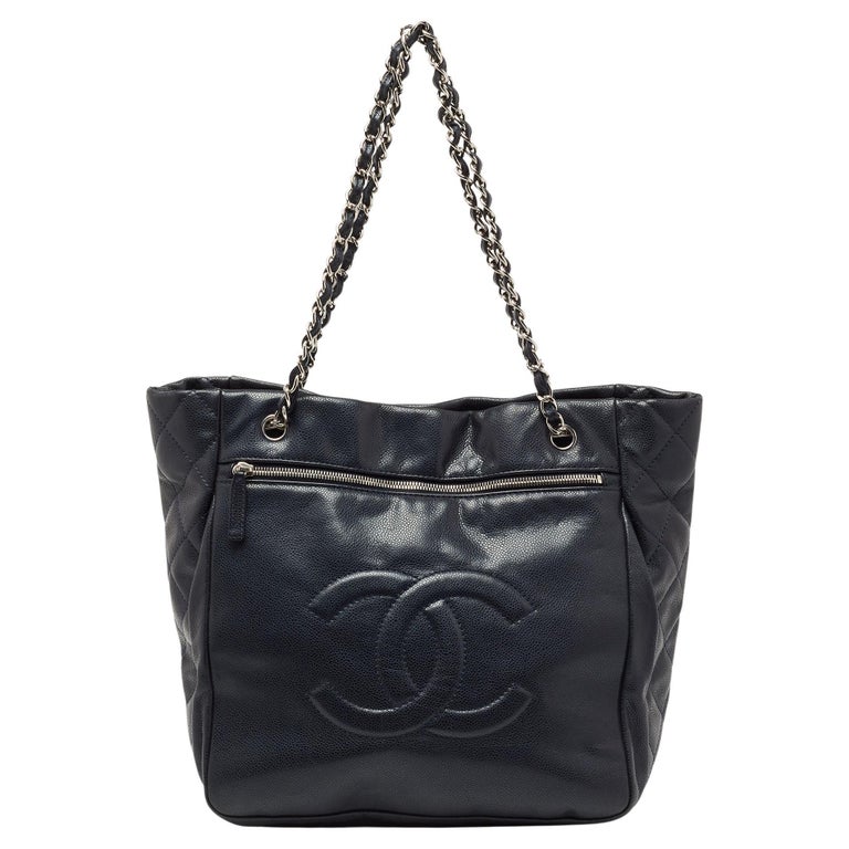 Chanel Navy Blue Leather CC Timeless Tote Bag For Sale at 1stDibs