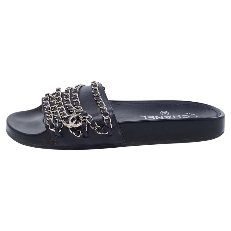 Chanel Navy Blue Leather Chain Embellished CC Flat Slides Size 37 For ...