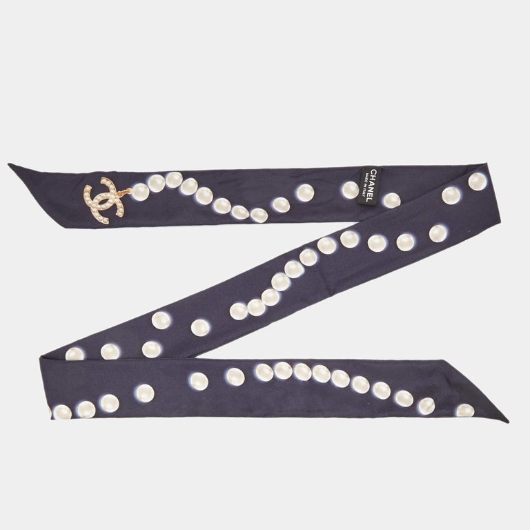 Chanel Navy Blue Pearl Print Silk Bandeau Scarf For Sale at 1stDibs