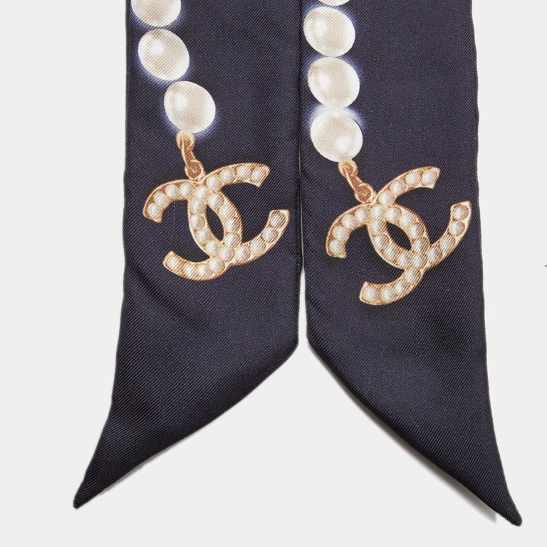 Chanel Navy Blue Pearl Print Silk Bandeau Scarf For Sale at 1stDibs