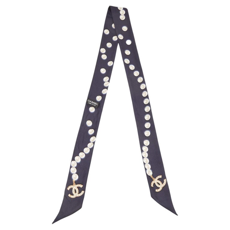 Chanel Navy Blue Pearl Print Silk Bandeau Scarf For Sale at 1stDibs
