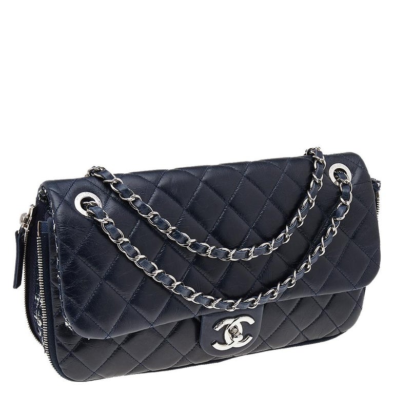 Chanel Navy Blue Quilted Leather And Tweed Classic Single Flap Bag at ...