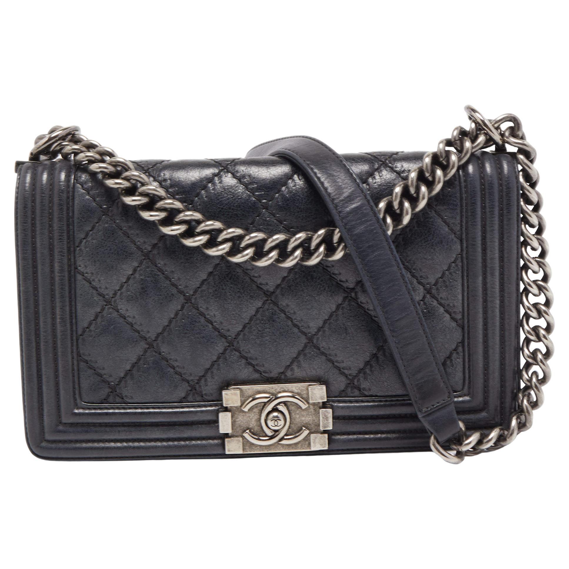 Chanel Navy Blue Quilted Wild Stitched Leather Medium Boy Bag For Sale ...