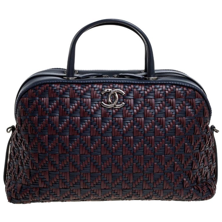 Chanel Navy Blue/Red Woven Leather Bowler Bag at 1stDibs