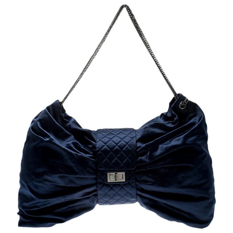 Chanel Navy Blue Satin Bow Chain Bag For Sale at 1stDibs