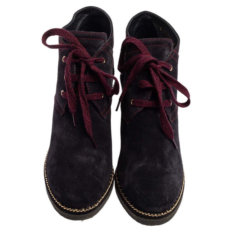 Chanel Navy Blue Suede Chain Wedge Boots Size 38 For Sale at 1stDibs