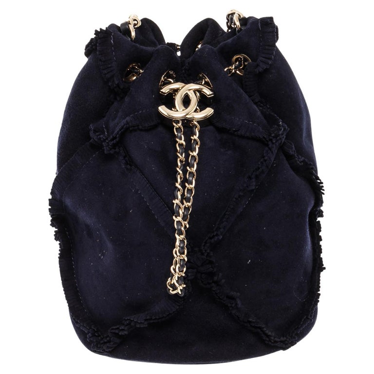 Chanel Navy Blue Suede Fringed CC Drawstring Bucket Bag For Sale at 1stDibs
